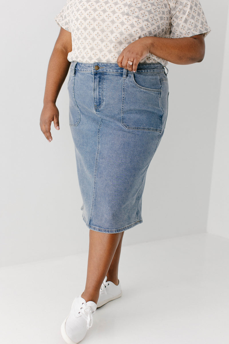 'Sonya' Patch Pocket Stretch Denim Skirt – The Main Street Exchange