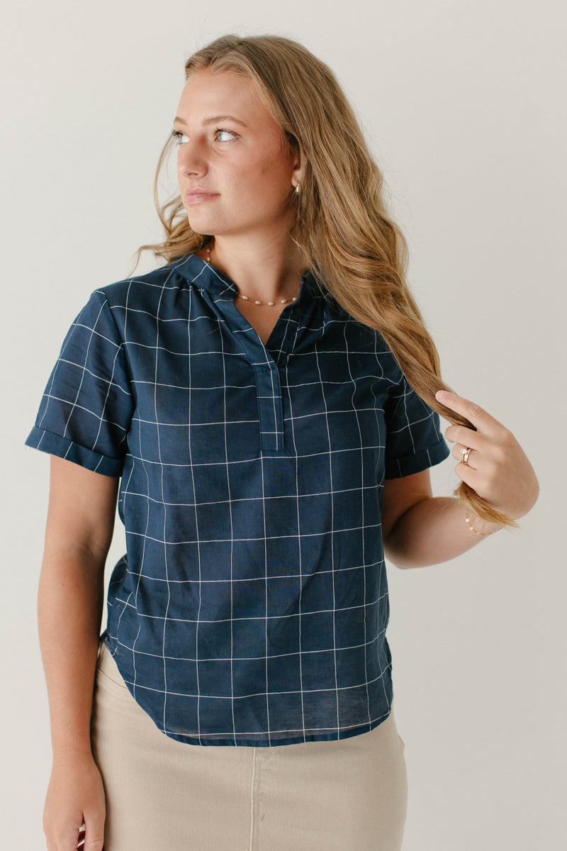 'Darla' Windowpane Print Top in Navy FINAL SALE – The Main Street Exchange
